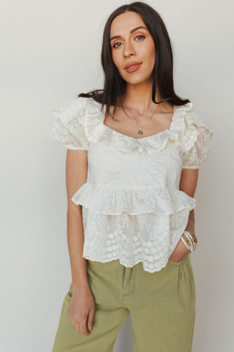 Rosa Lace Ruffle Blouse in Ivory – Henly